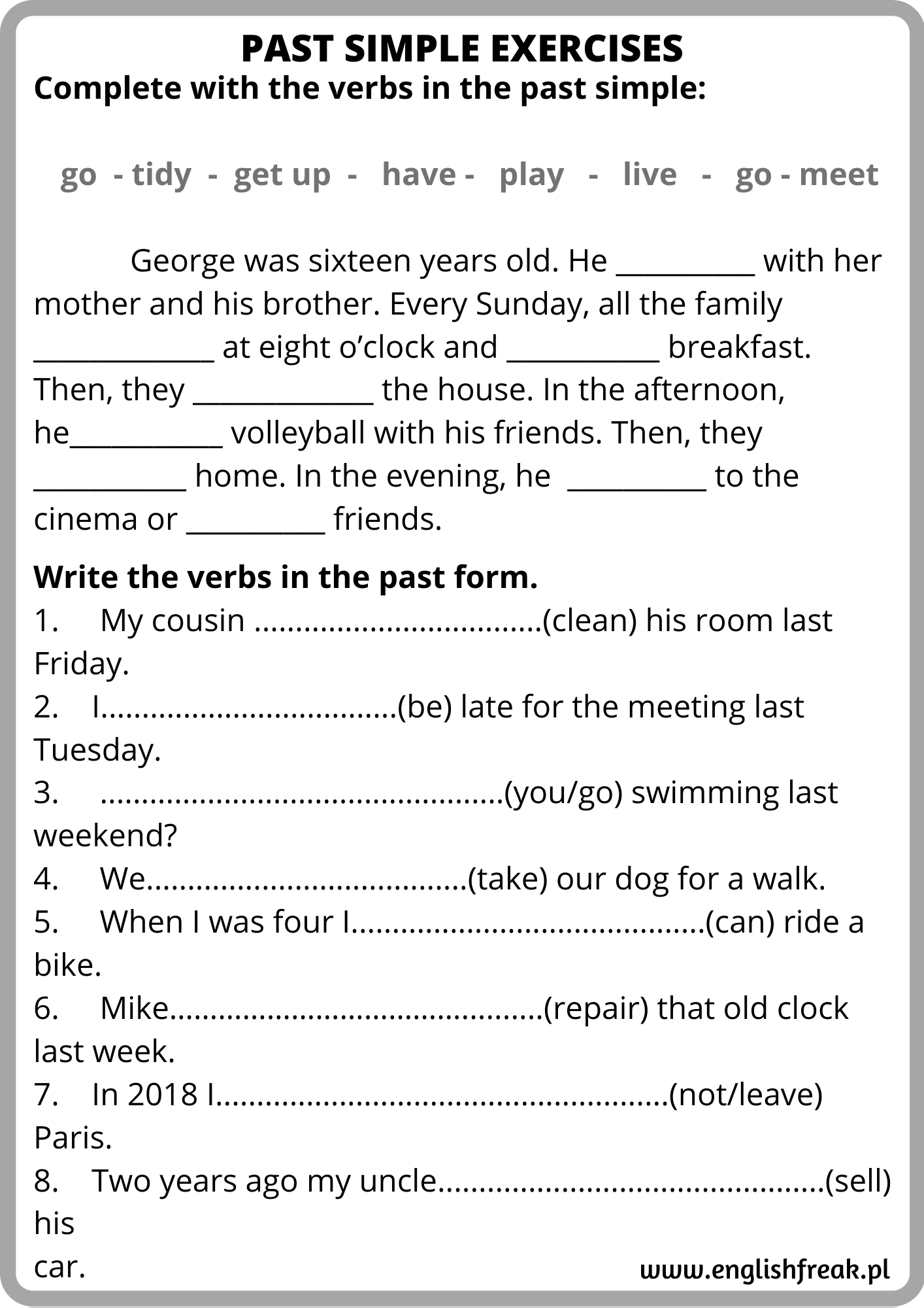 Past Simple Exercises - propozycje ćwiczeń - English Freak | materiały ...