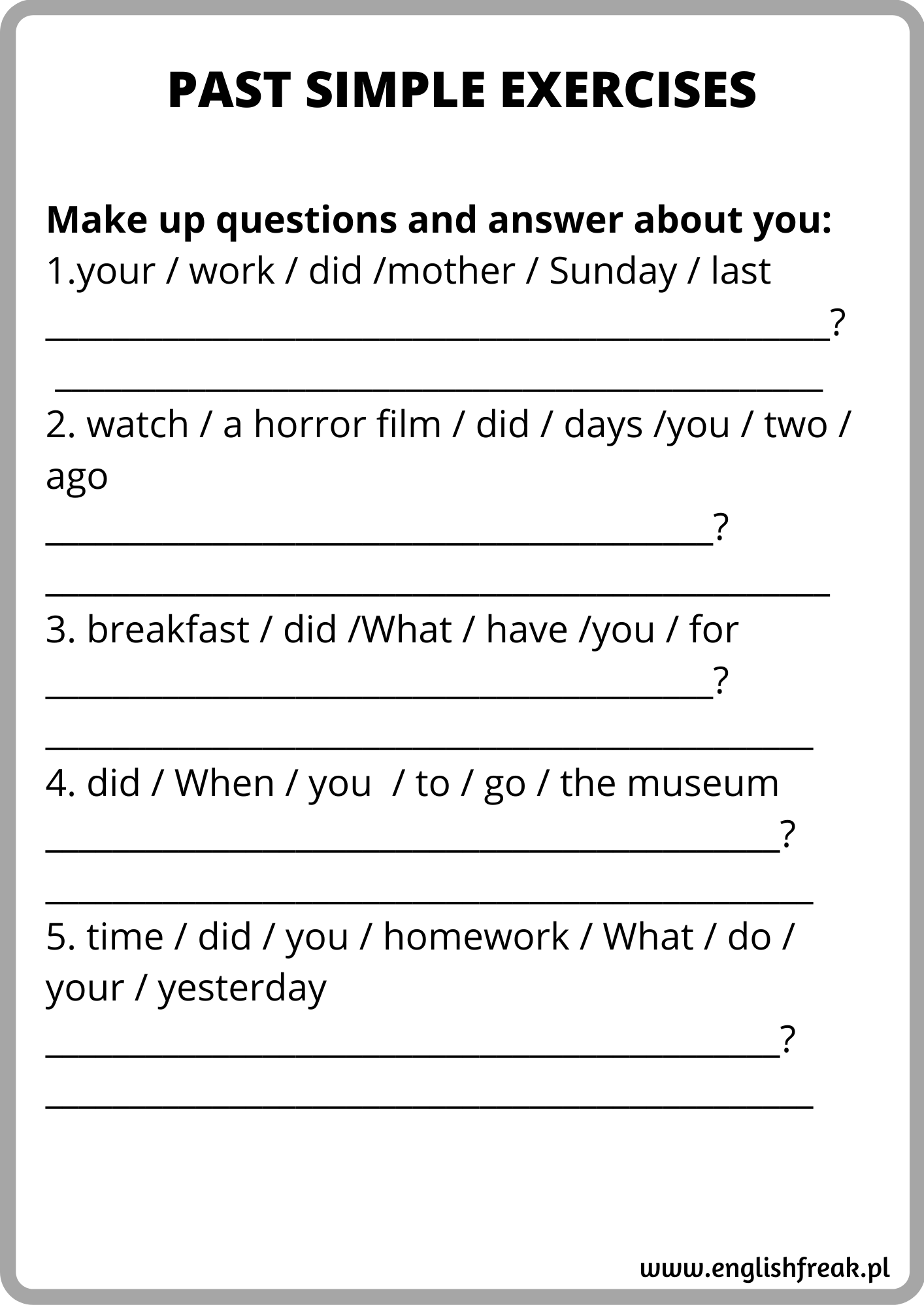 Past Simple Exercises - propozycje ćwiczeń - English Freak | materiały ...